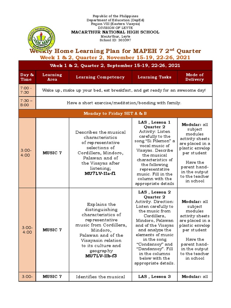 MAPEH 7 Weekly Home Learning Plan 2nd Quarter | PDF | Teachers | Modularity