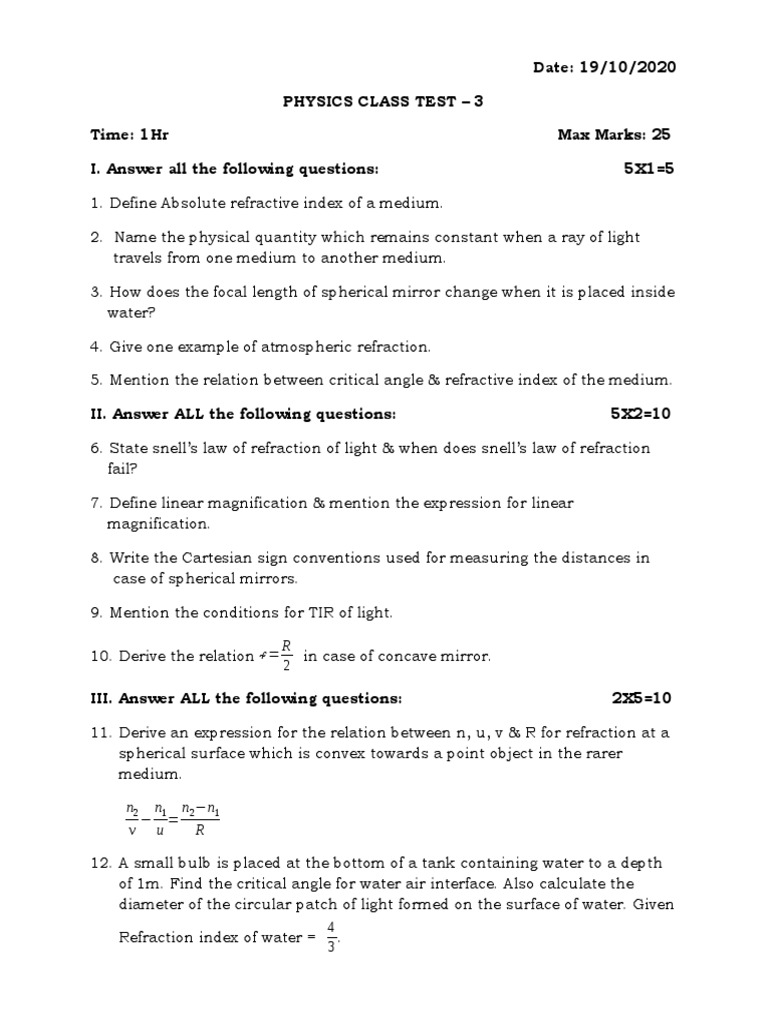 Physics Class Test on Refraction Concepts | PDF