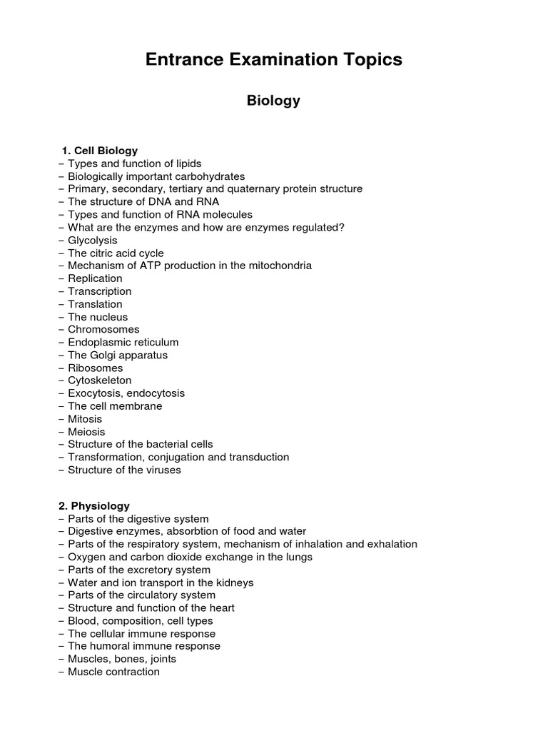 Entrance Examination Topics: Biology | Download Free PDF | Chemistry ...