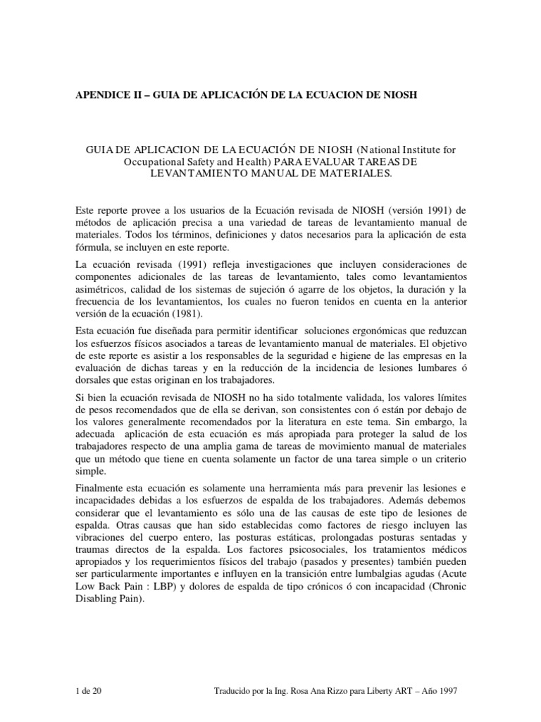 Guia Niosh | PDF | Factores humanos y ergonomía | Ecuaciones