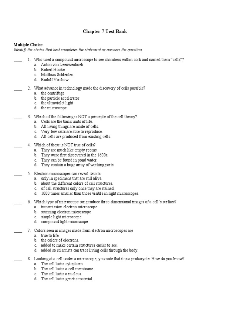 Chapter 7 Testbank | PDF | Cell (Biology) | Cell Membrane