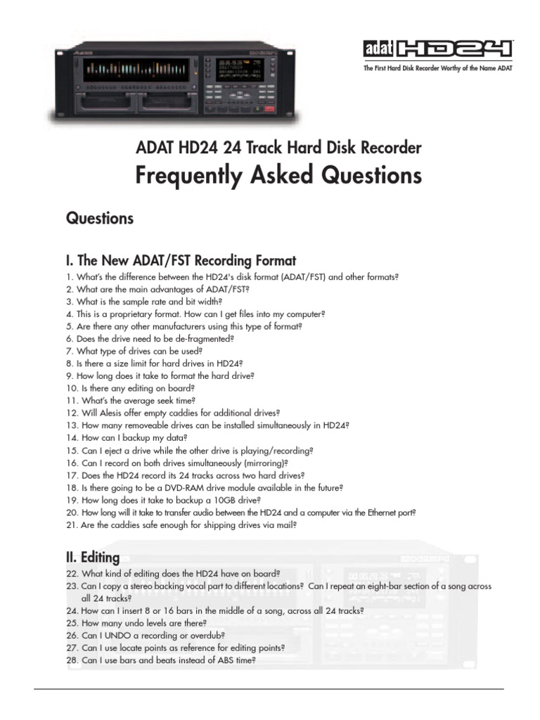Frequently Asked Questions: ADAT HD24 24 Track Hard Disk Recorder | PDF ...
