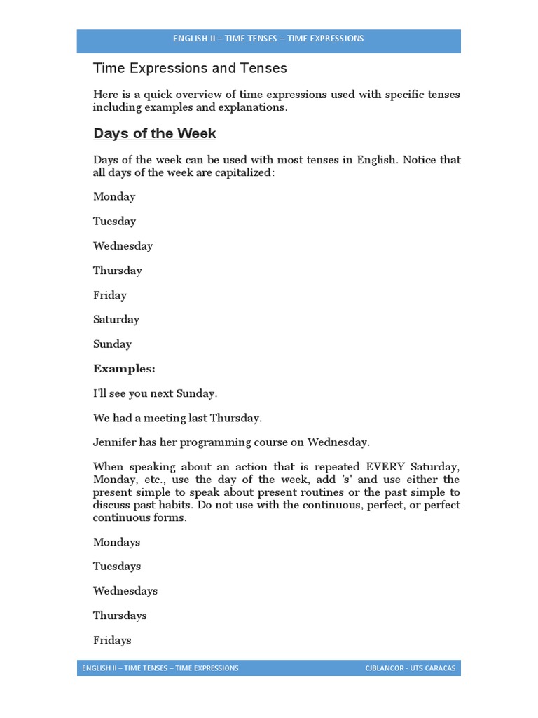 Time Tenses - Time Expressions | PDF | Workweek And Weekend ...