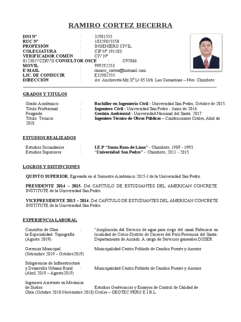 CV Ramiro Cortez Becerra 2019 | PDF | Perú | Ingeniero civil