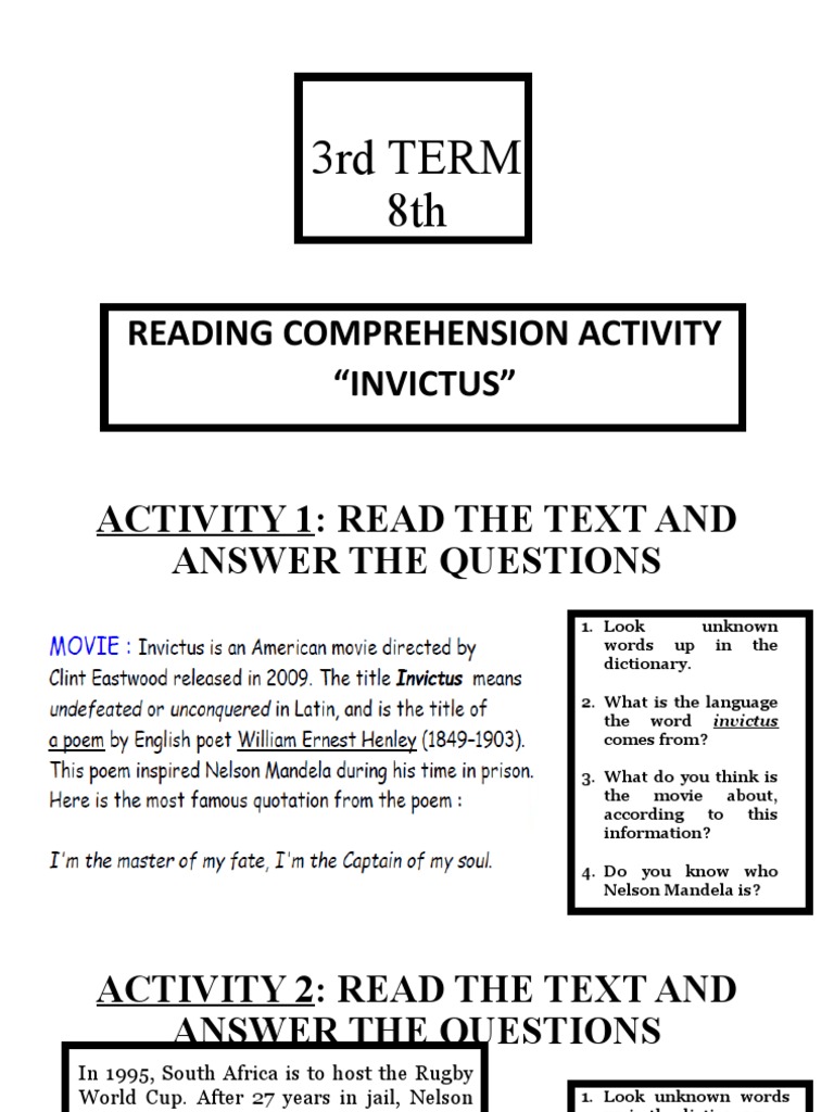 3rd TERM 8th: Reading Comprehension Activity "Invictus" | PDF