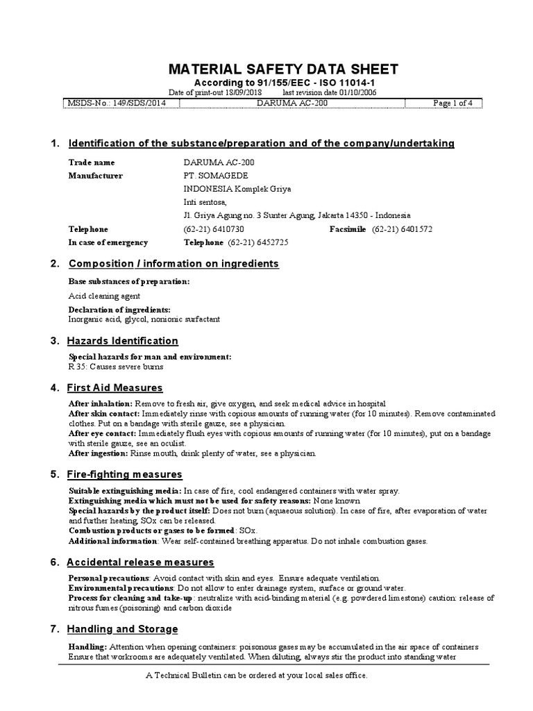 Material Safety Data Sheet: According To 91/155/EEC - ISO 11014-1 | PDF ...