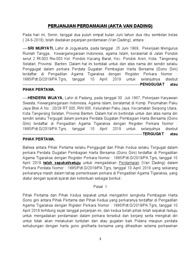 Akta Perdamaian Harta Gono Gini | PDF