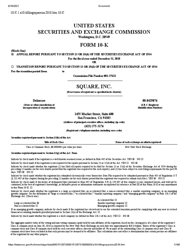 Square Inc - 2018 Annual Report (Form 10-K) | PDF | Financial ...