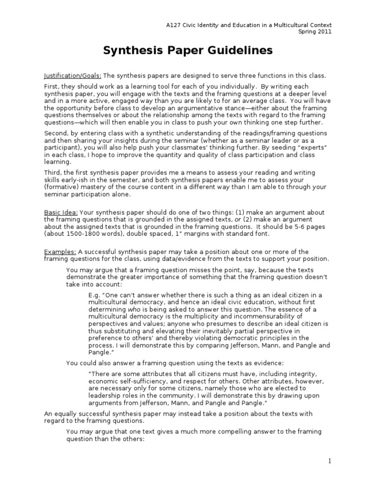 Synthesis Paper Guidelines And Rubric Spring 2011 Rubric Academic