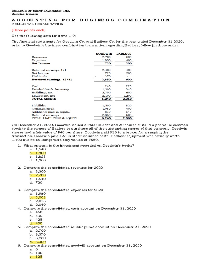 Accounting For Business Combination: (Three Points Each) | PDF | Book ...