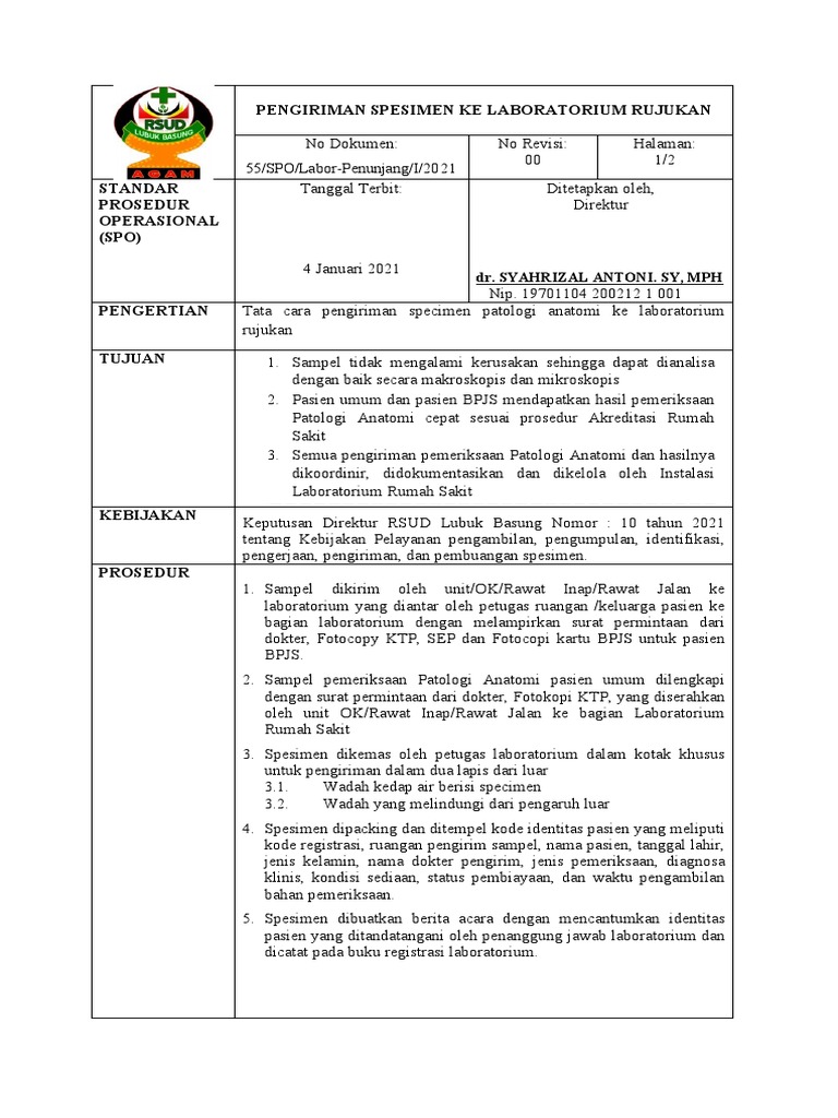 Prosedur Pengiriman Spesimen Laboratorium | PDF