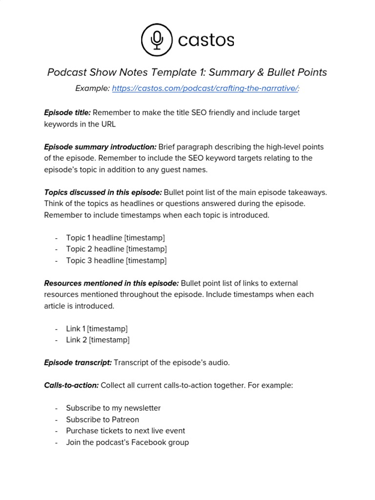 Podcast Show Notes Template 1: Summary & Bullet Points: Example | PDF ...