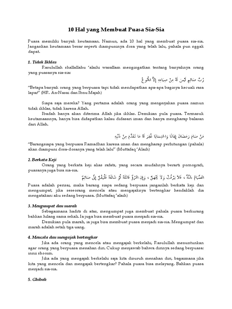 10 Hal Yang Membuat Puasa Sia-Sia | PDF