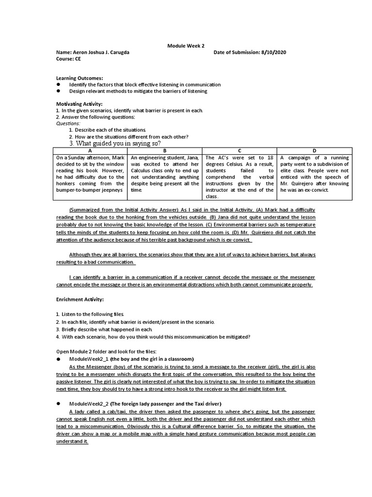 Answer Sheet - Module Week 2 | PDF | Communication | Cognition