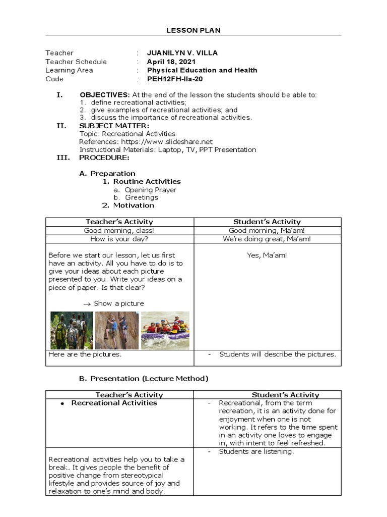 Lesson Plan in Senior High School | PDF | Outdoor Recreation | Teachers
