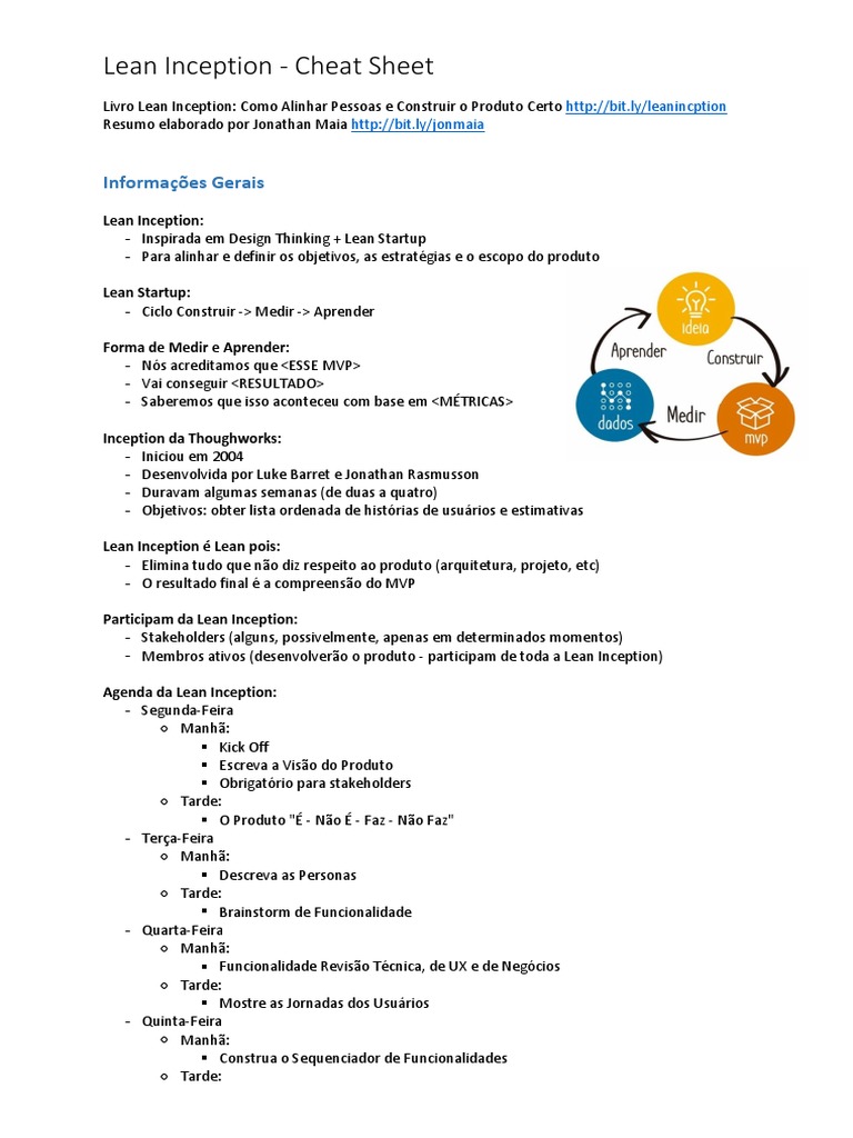 Lean Inception Cheat Sheet Por Jonathan Maia | PDF | Lean Startup (conceito) | Empresa Startup