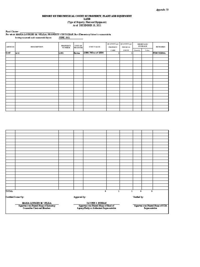 Report On The Physical Count of Property, Plant and Equipment Land ...