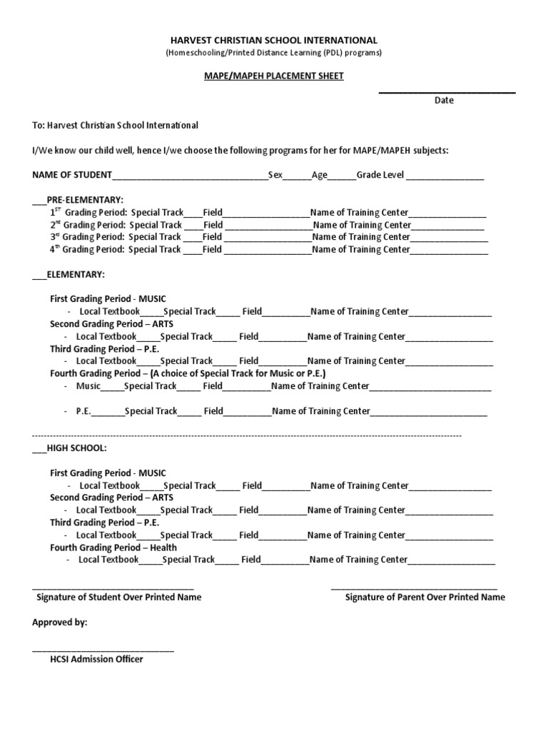 MAPE OR MAPEH Placement Sheet | PDF | Schools | Educational Institutions