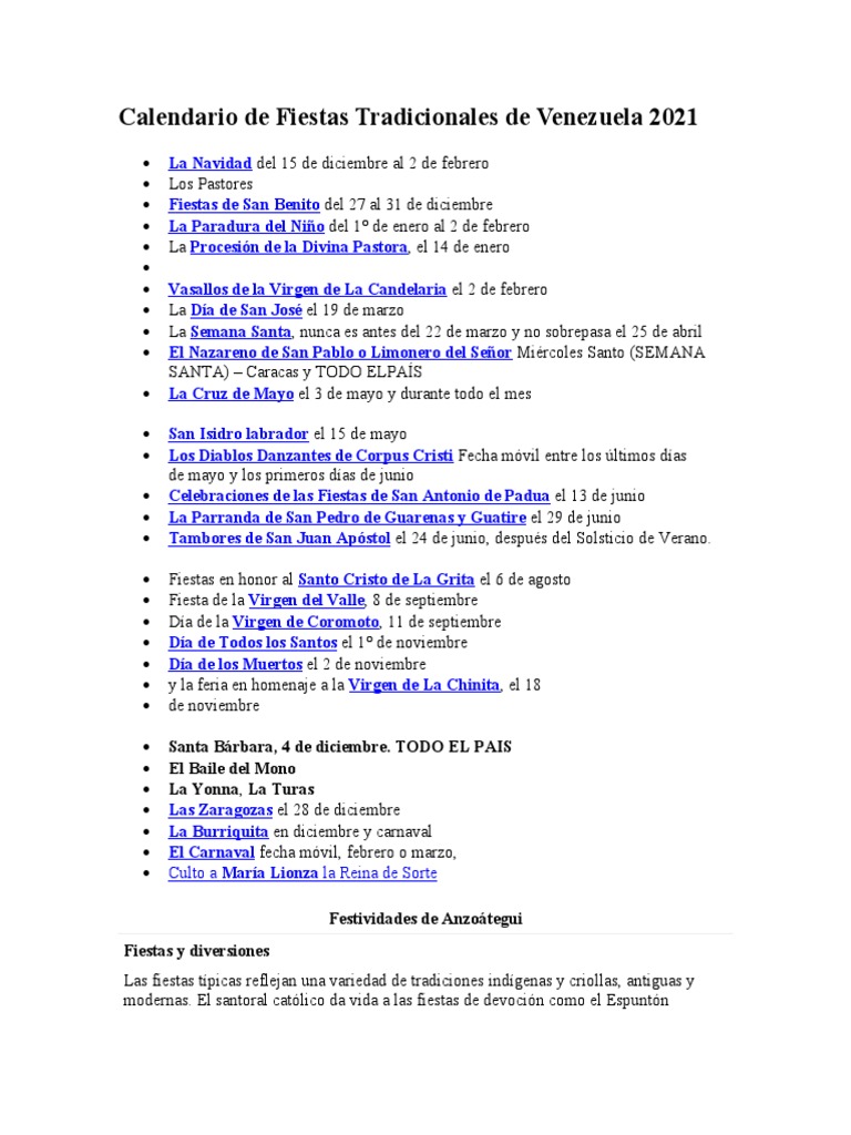 Calendario de Fiestas Tradicionales de Venezuela 2021 | PDF | Carnaval ...