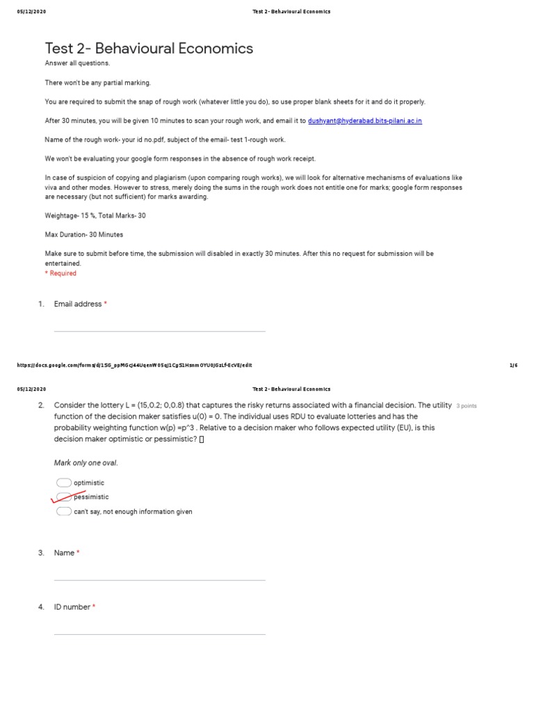 Test 2 - Behavioural Economics - Google Forms Solution | PDF | Utility ...