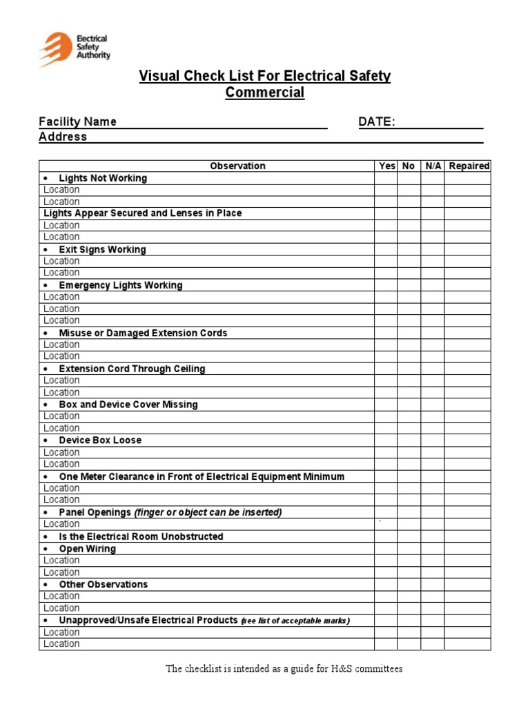 Visual Check List For Electrical Safety Commercial: Facility Name Date ...