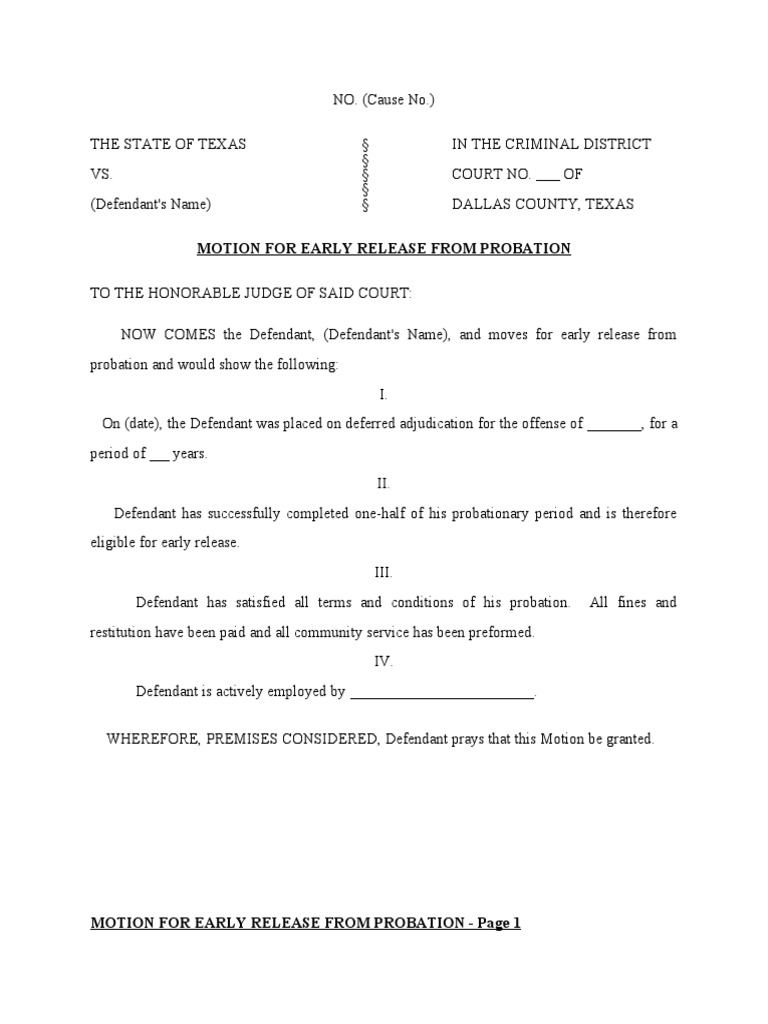 Motion For Early Release From Probation | PDF | Probation | United ...