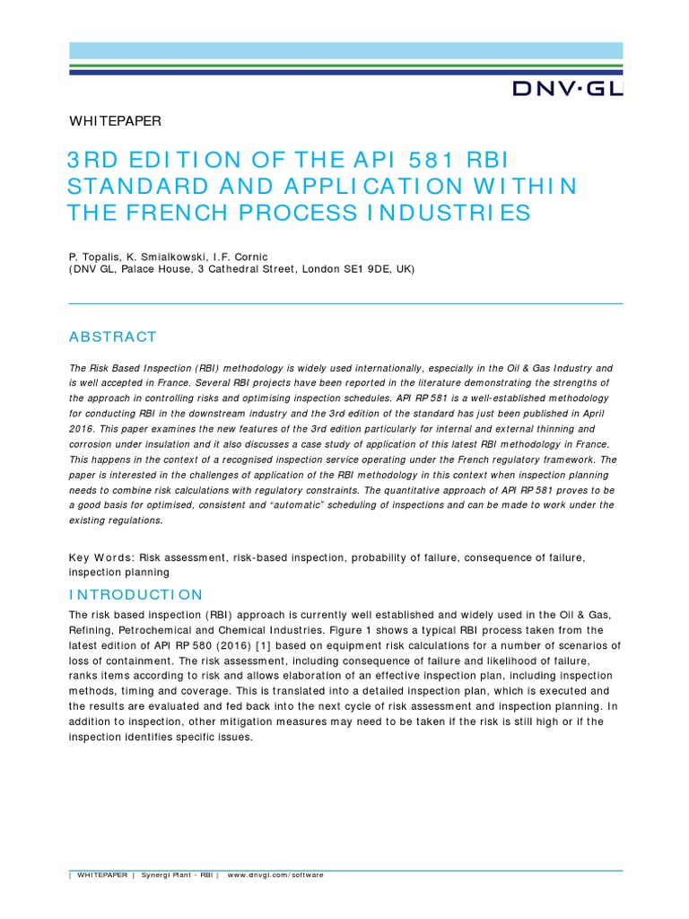 Synergi Plant 3rd Edition of The API RP 581 RBI Standard and ...