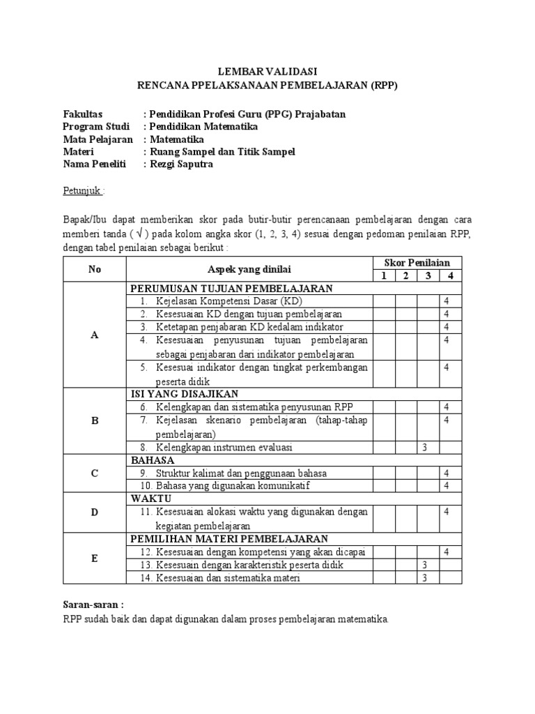 LEMBAR VALIDASI RPP Kelompok 2 | PDF