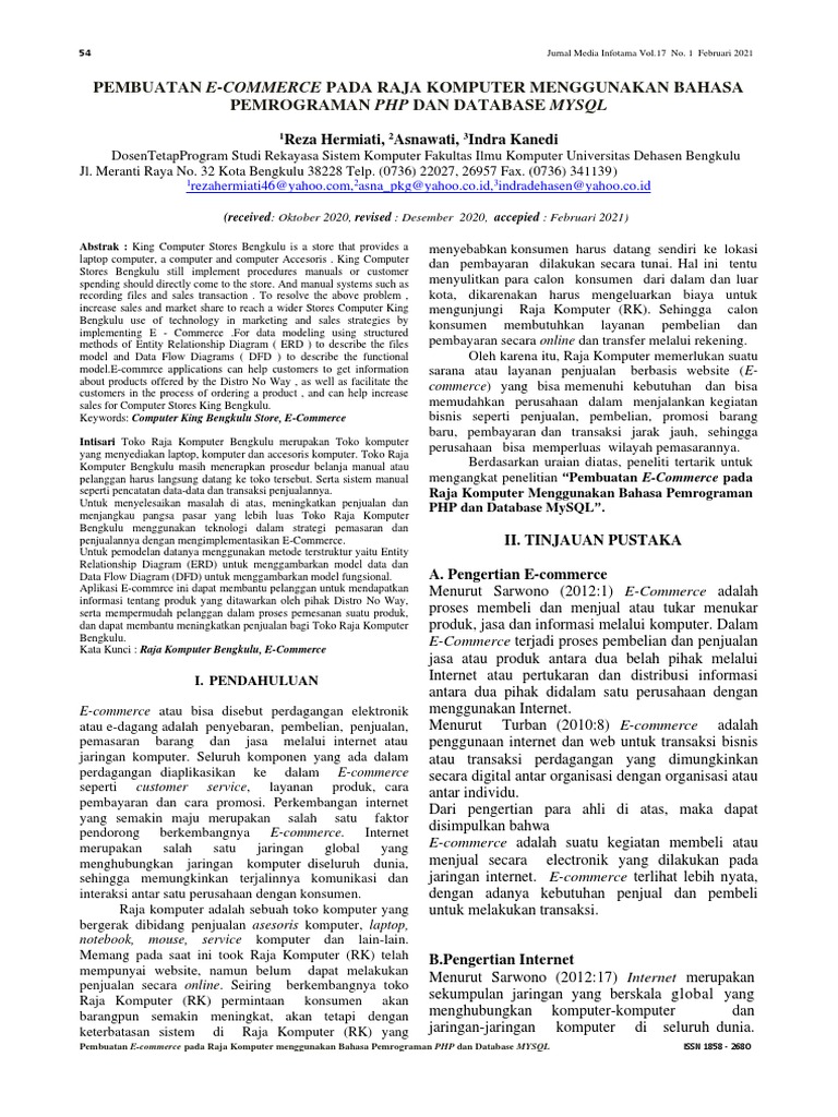Pembuatan E-Commerce Pada Raja Komputer Menggunakan Bahasa Pemrograman PHP Dan Database Mysql | PDF