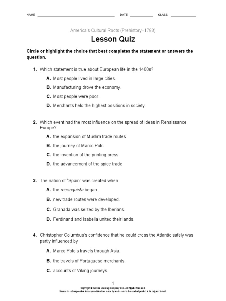 Lesson Quiz: America's Cultural Roots (Prehistory-1783) | PDF | Trade ...