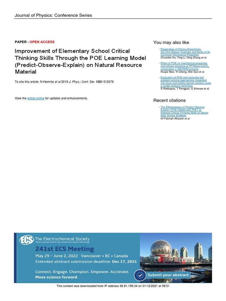 Improvement of Elementary School Critical Thinking Skills Through The POE Learning Model ...