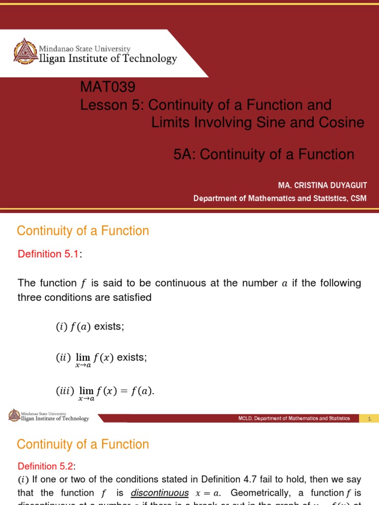Lesson5a Continuity Of A Function V1 Pdf Continuous Function Function Mathematics