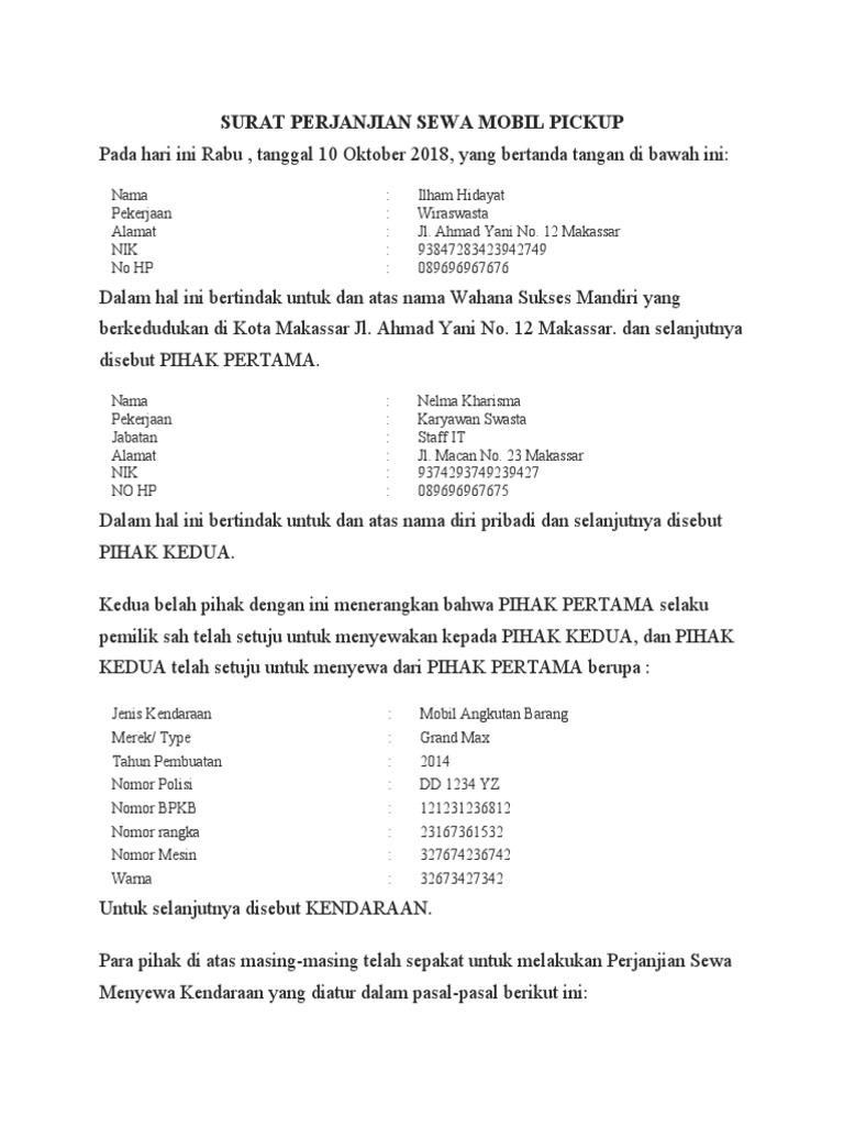 Contoh Perjanjian Sewa Mobil Pick Up | PDF