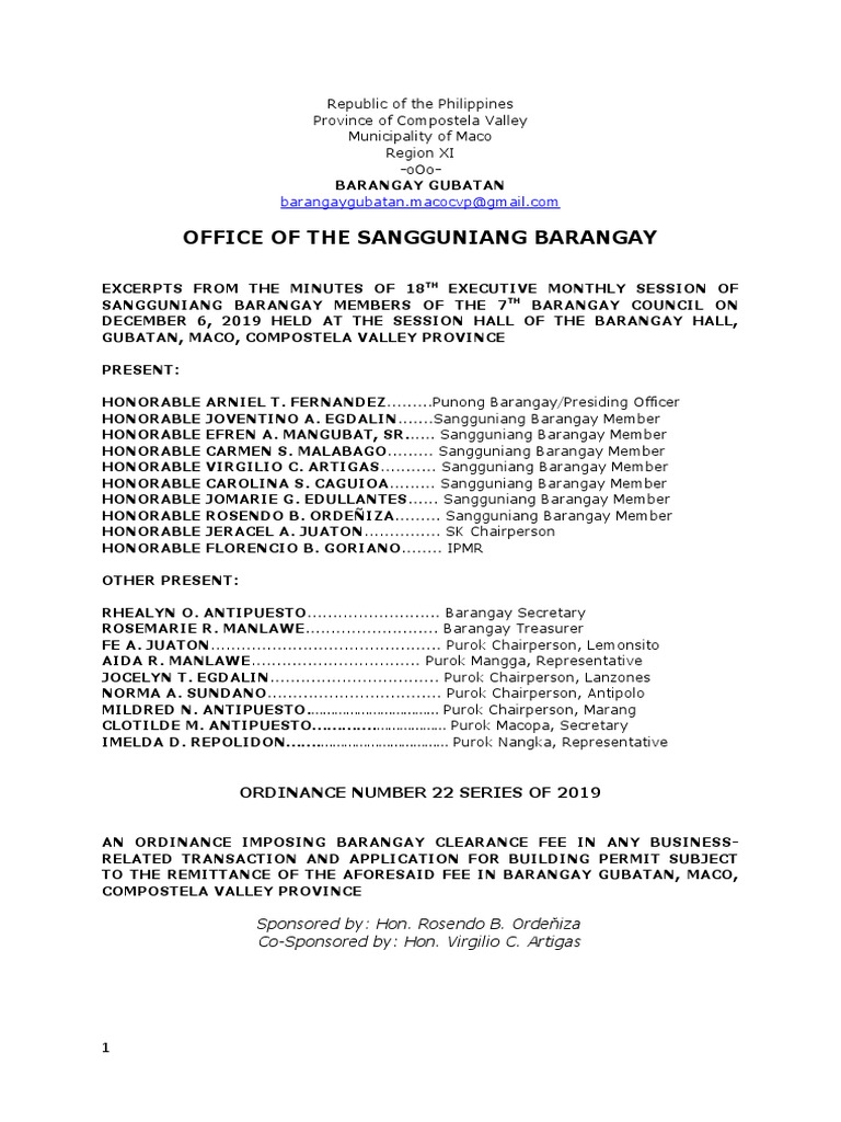Barangay Ordinance Number 22 Building Clearance | PDF | Regulatory ...