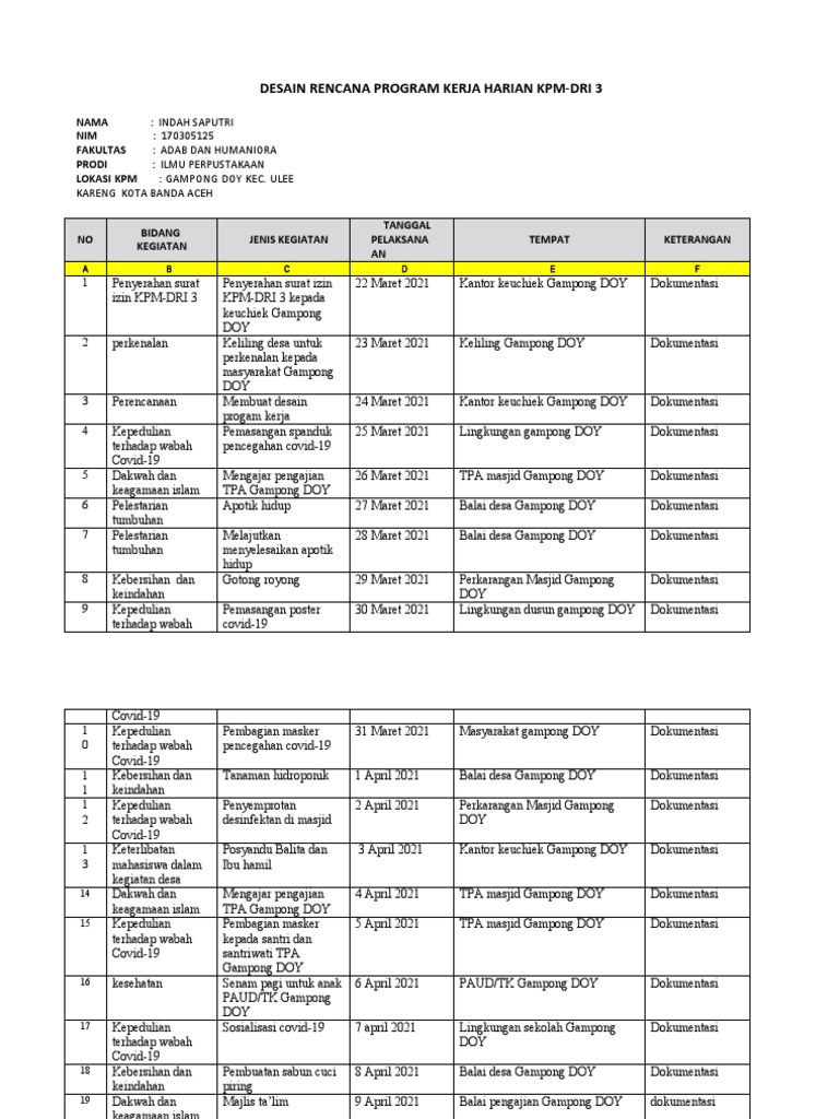 Desain Rencana Program Kerja Harian Kpm-Dri 3 | PDF
