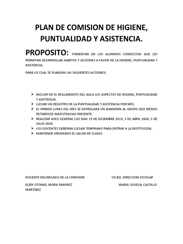 Plan de Comision de Higiene, Puntualidad Y Asistencia. Proposito | PDF