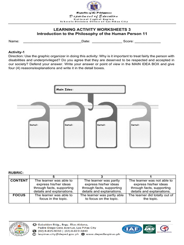 Learning Activity Worksheets 3 Introduction To The Philosophy of The ...