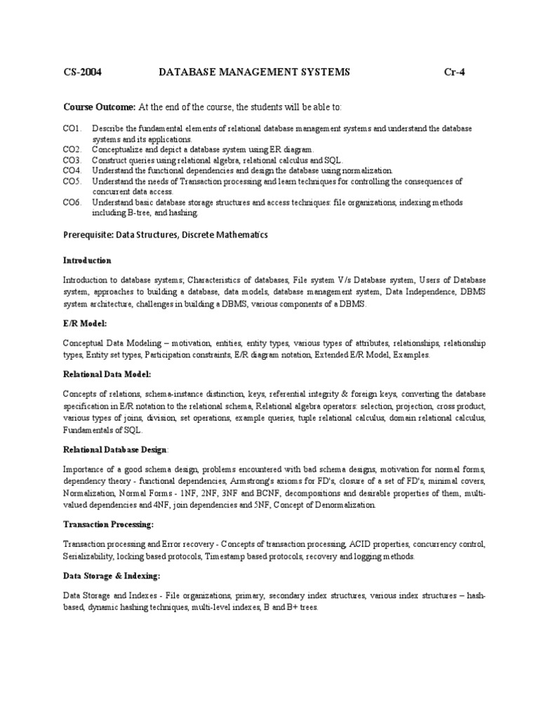 CS-2004 Database Management Systems Cr-4: Course Outcome: at The End of The Course, The Students ...