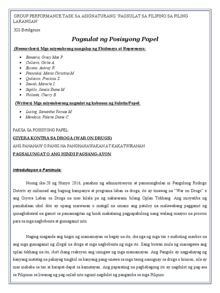 Giyera Kontra Sa Droga - Posisyong Papel (PT) | PDF