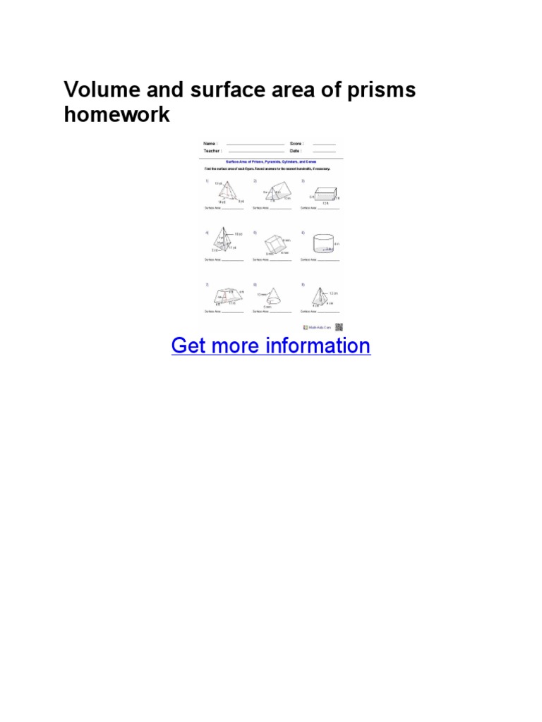Prisms Volume and Surface Area Homework | PDF | Area | Volume