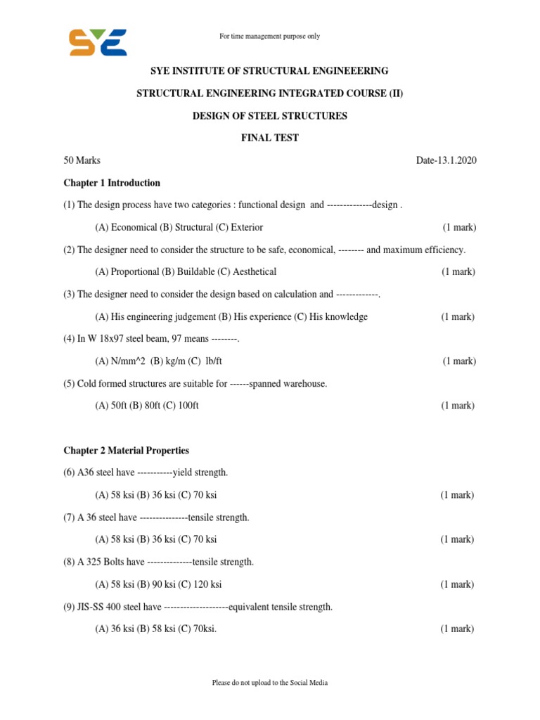 Final Test For Design of Steel Structures For Batch II | PDF | Beam ...