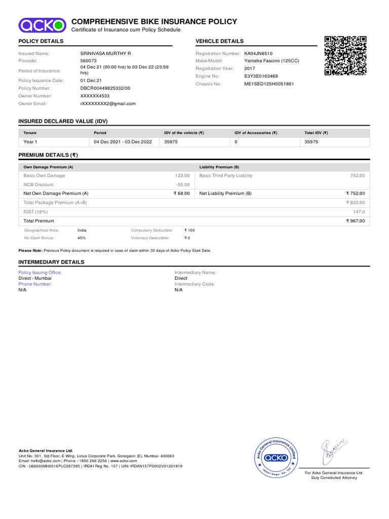 Comprehensive Bike Insurance Policy | PDF | Insurance | Deductible