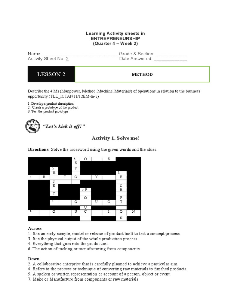 Lesson 2: "Let's Kick It Off!" Activity 1. Solve Me! | PDF | Prototype ...