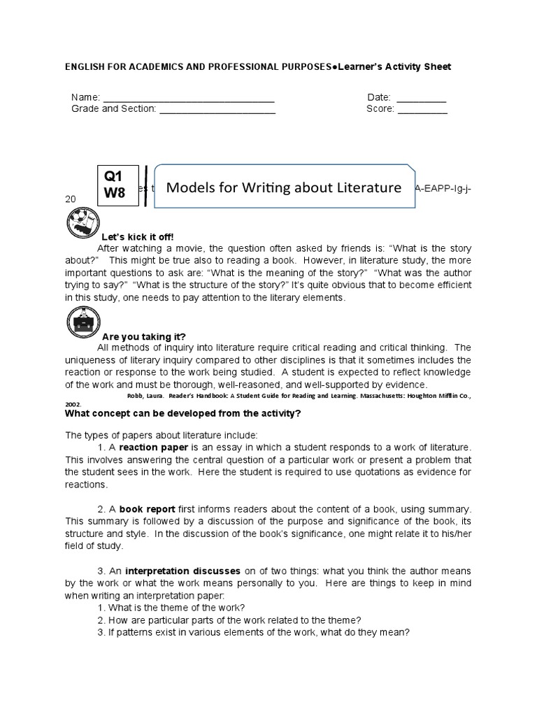 Models For Writing About Literature: Learner's Activity Sheet | PDF ...