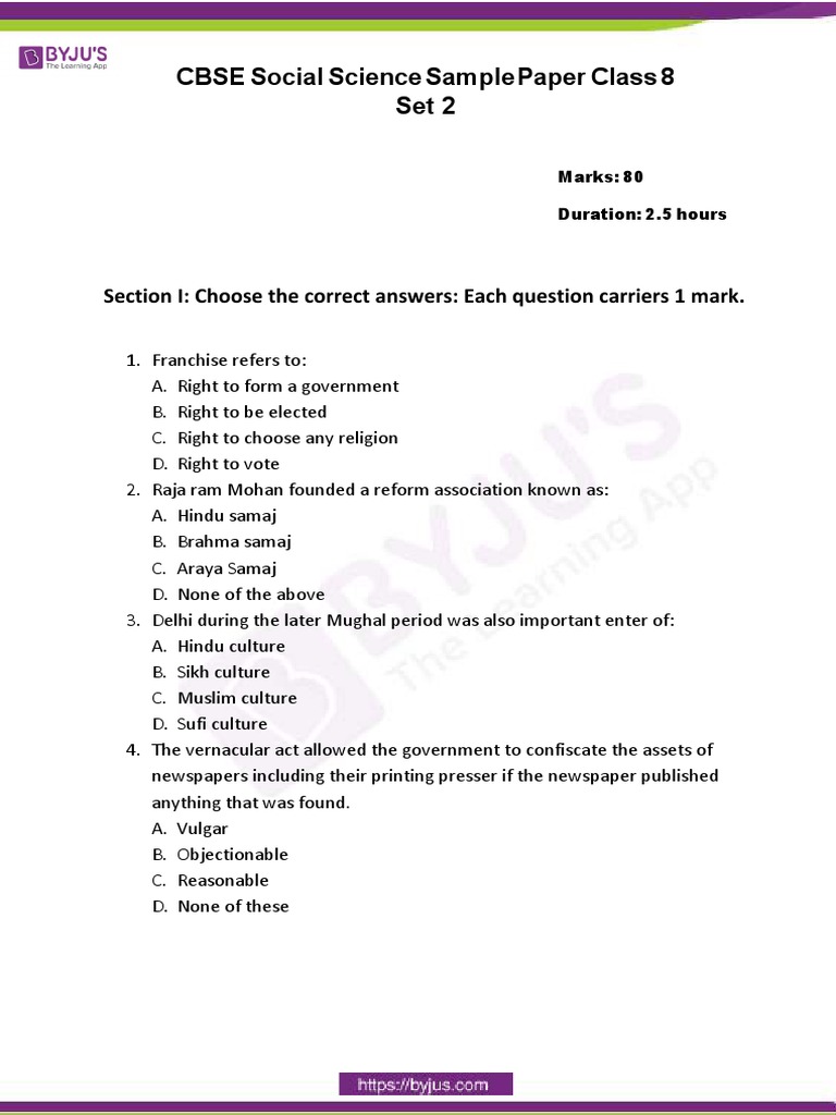 CBSE Social Science Class 8 Sample Paper Set 2 | PDF