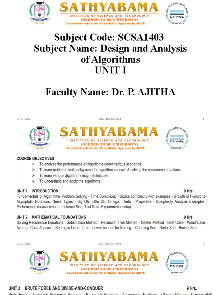 Subject Code Scsa1403 Subject Name Design And Analysis Of Algorithms Unit I Faculty Name Dr