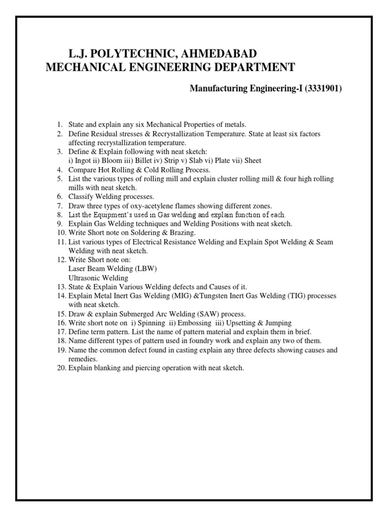 Manufacturing Engineering-I Final | PDF | Technology & Engineering