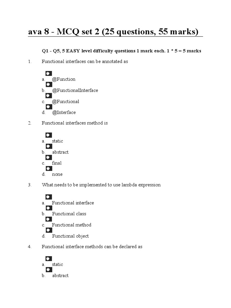Ava 8 - MCQ Set 2 (25 Questions, 55 Marks) : Q1 - Q5, 5 EASY Level ...