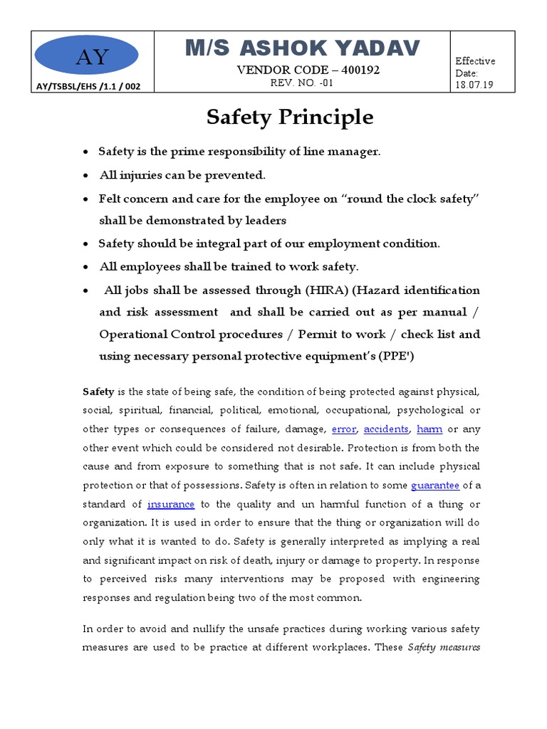 Safety Principle: Ashok Yadav | PDF | Safety | Occupational Safety And ...