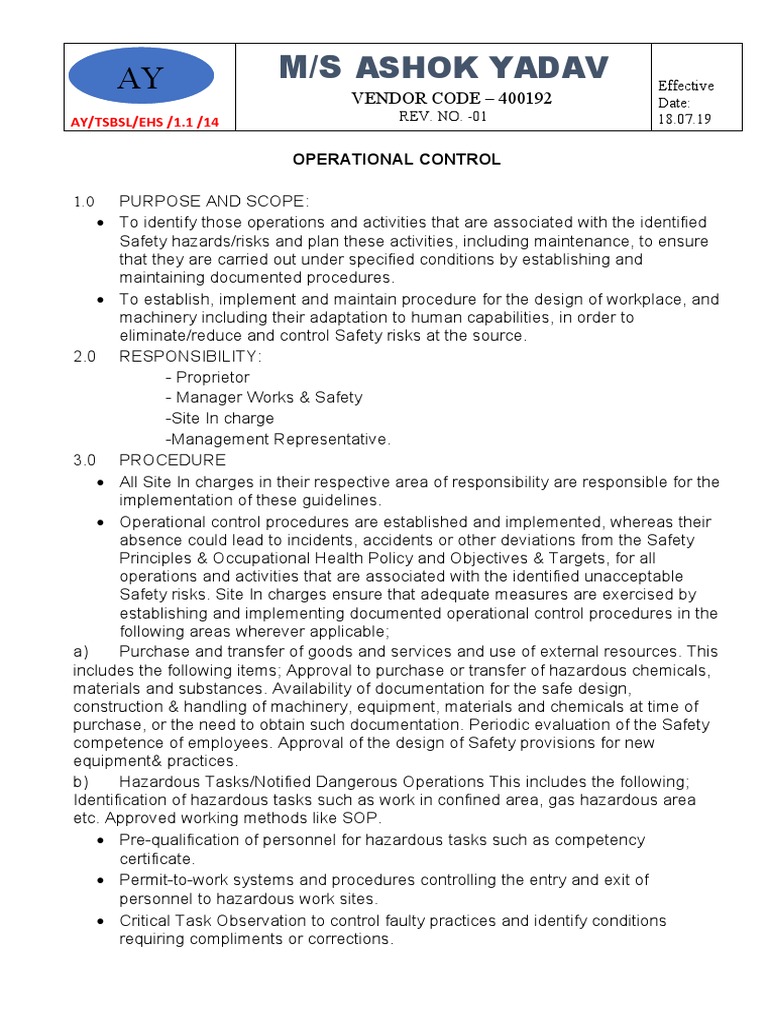 Operational Control | PDF | Safety | Occupational Safety And Health